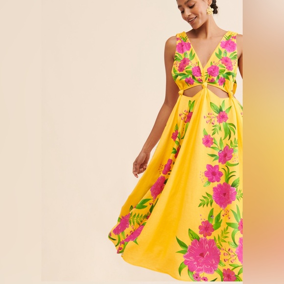 FARM Rio | Dresses | Farm Rio Dress L Yellow Romantic Garden Midi ...